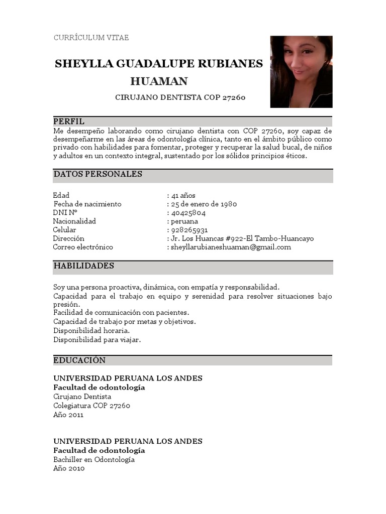 Curriculum Vitae Sheylla Guadalupe Rubianes Huaman | PDF | Perú | Odontología
