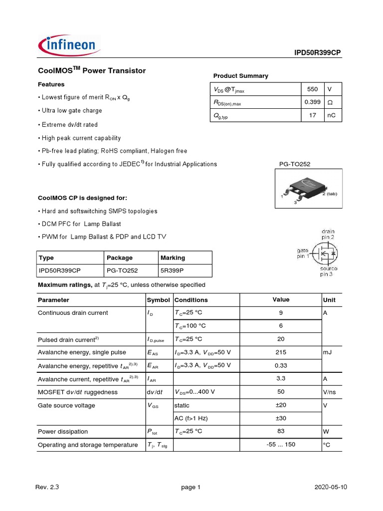 Coolmos Power Transistor: Features Product Summary | PDF | Diode ...