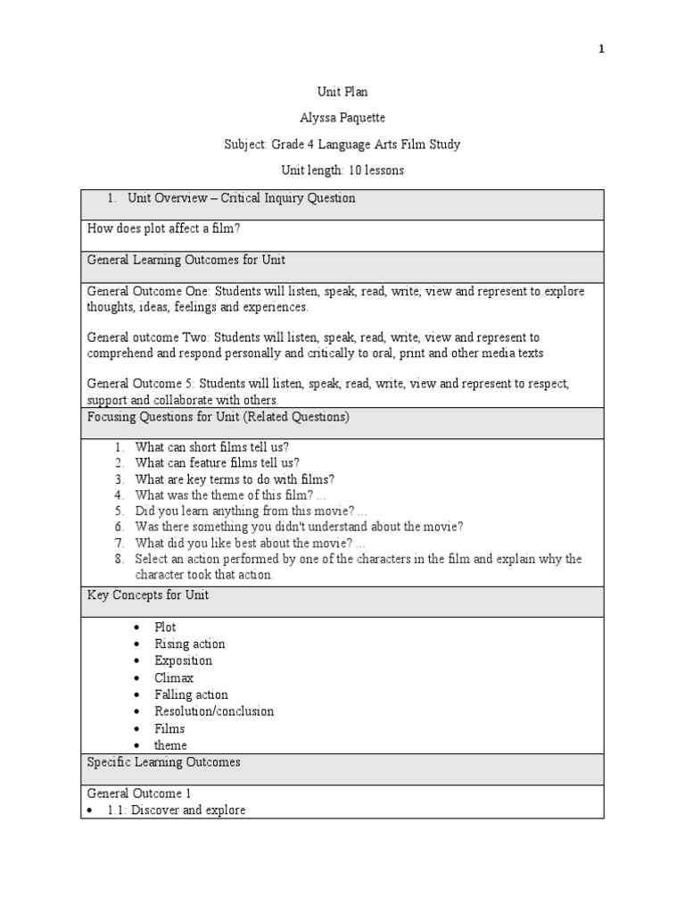 Unit Plan Langauge Arts Film Study GR 4 | PDF | Career & Growth ...