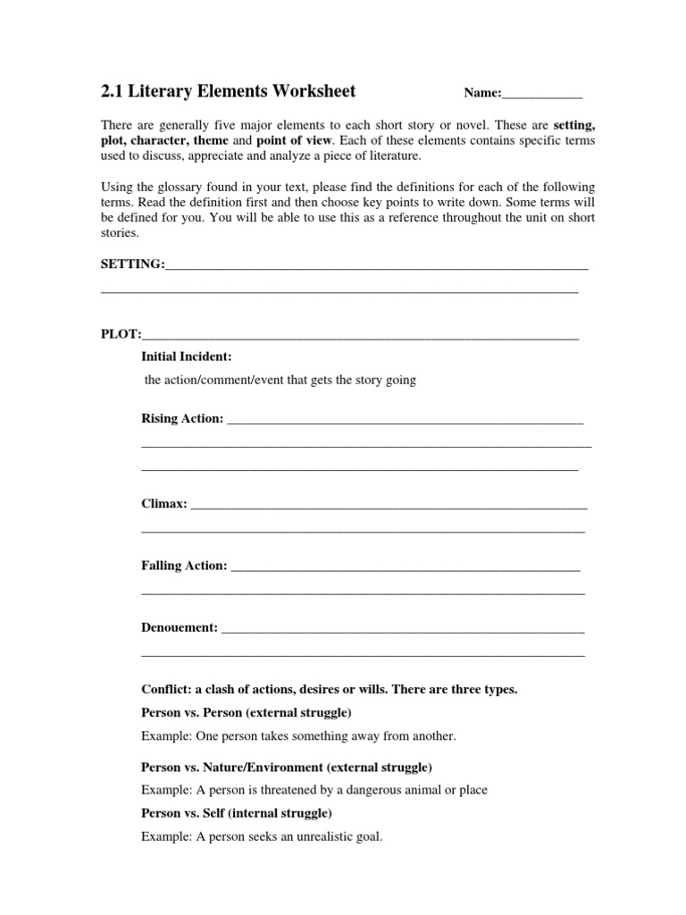 Literary Elements Worksheet | PDF | Narration | Plot (Narrative)
