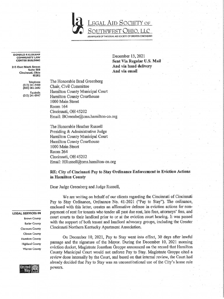 Legal Aid Letter RE Pay To Stay | PDF