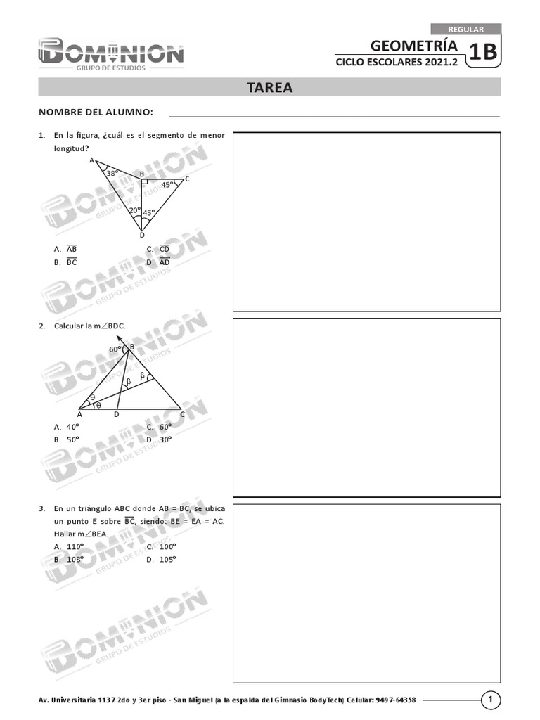 Geometría - Regular 1B - Triángulos (Propiedades Fundamentales) - Tarea | PDF | Triángulo ...
