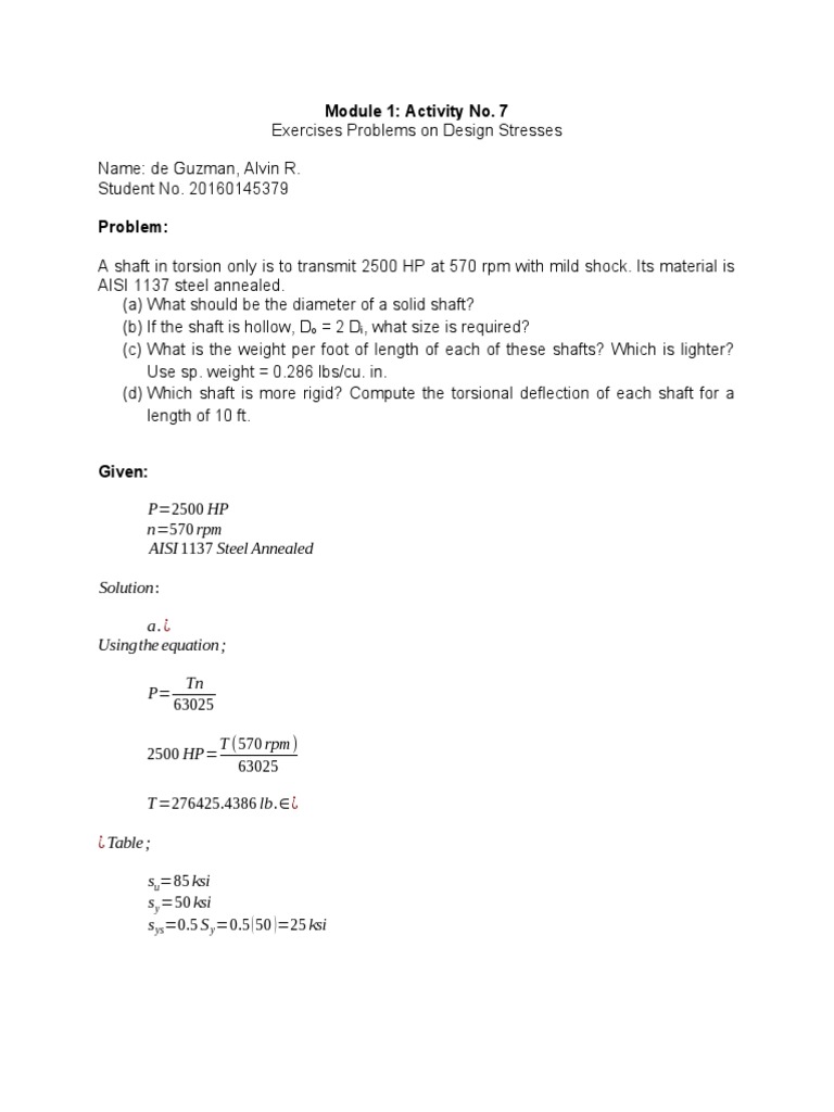 Module 1: Activity No. 7: P 2500 HP N 570 RPM AISI 1137 Steel Annealed ...