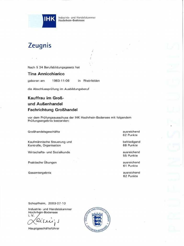 IHK Zeugnis Tina | PDF