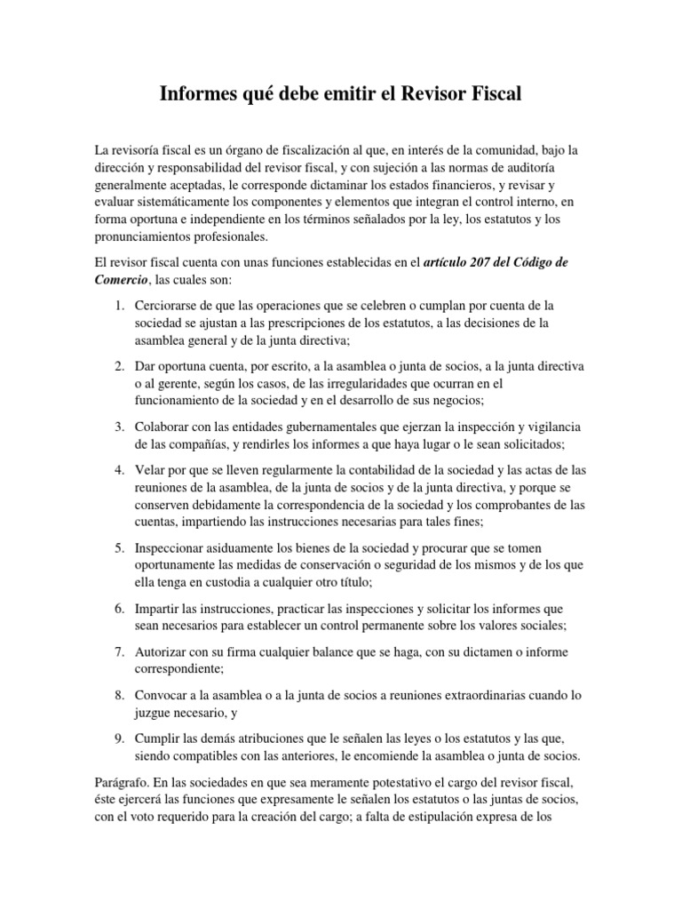 Informes Qué Debe Emitir El Revisor Fiscal Pdf Contabilidad