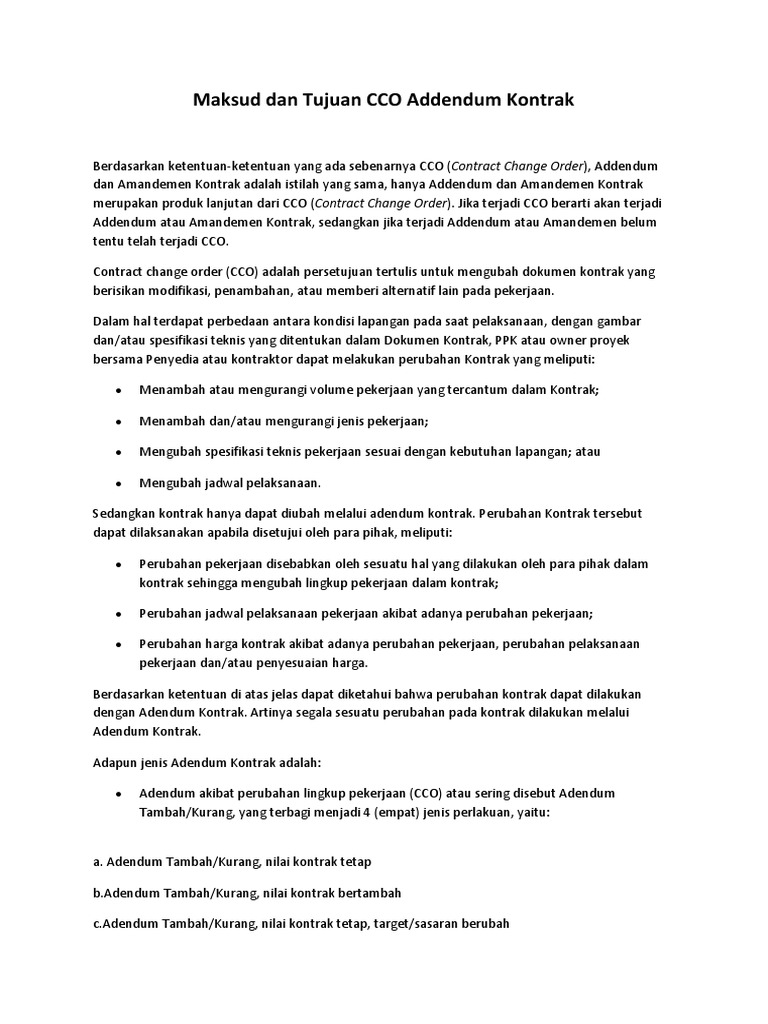 Maksud Dan Tujuan CCO Addendum Kontrak | PDF | Teknologi & Rekayasa