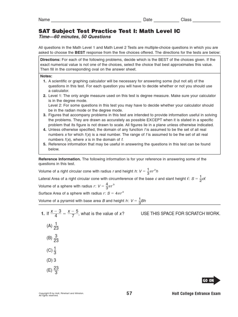 SAT Subject Test - Math Level IC | PDF | Sat | Area