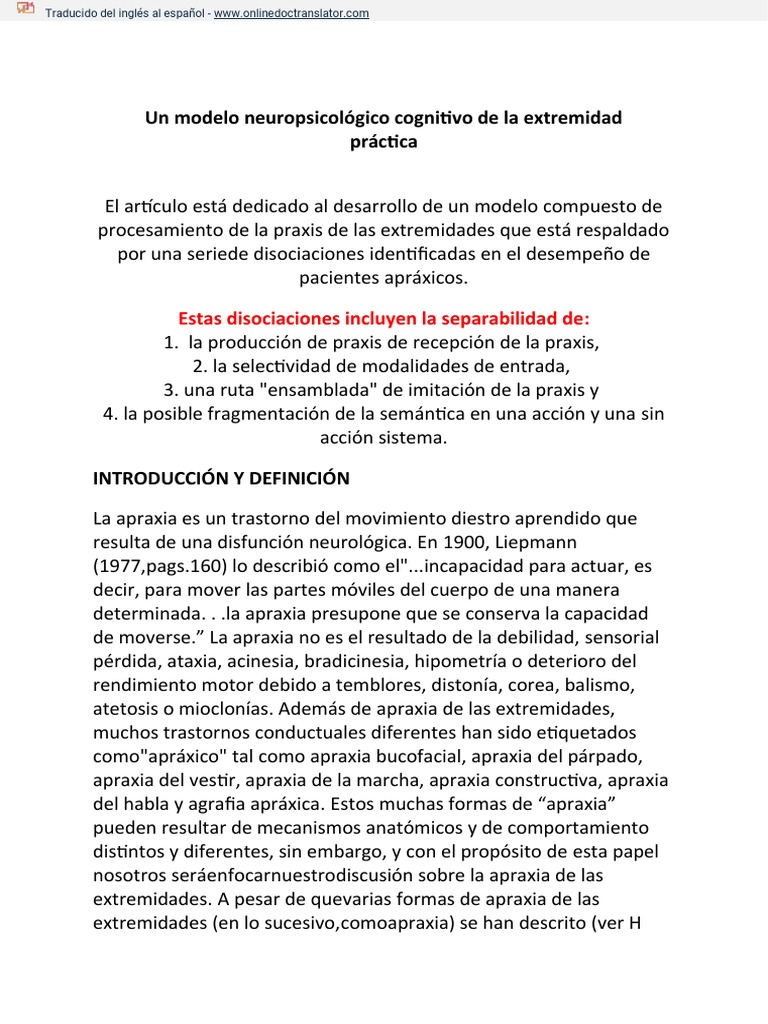 A Cognitive Neuropsychological Model of Limb - En.es | PDF | Corteza ...