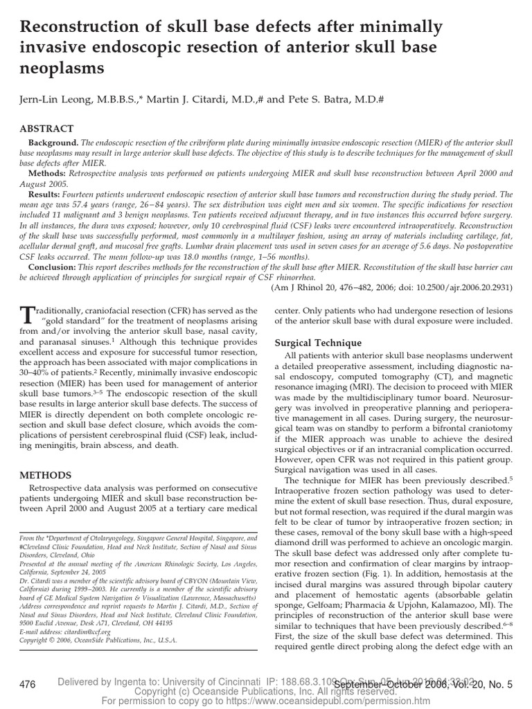 Reconstruction of Skull Base Defects After Minimally Invasive Endoscopic Resection of Anterior ...