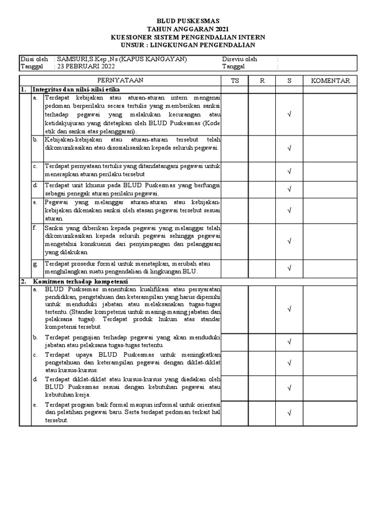Kuesioner Pengendalian Internal | PDF
