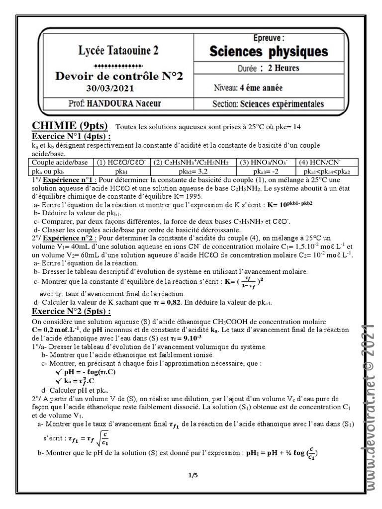 Devoir de Contrôle N°2 - Sciences Physiques - Bac Sciences Exp (2020-2021) MR Handoura Naceur ...