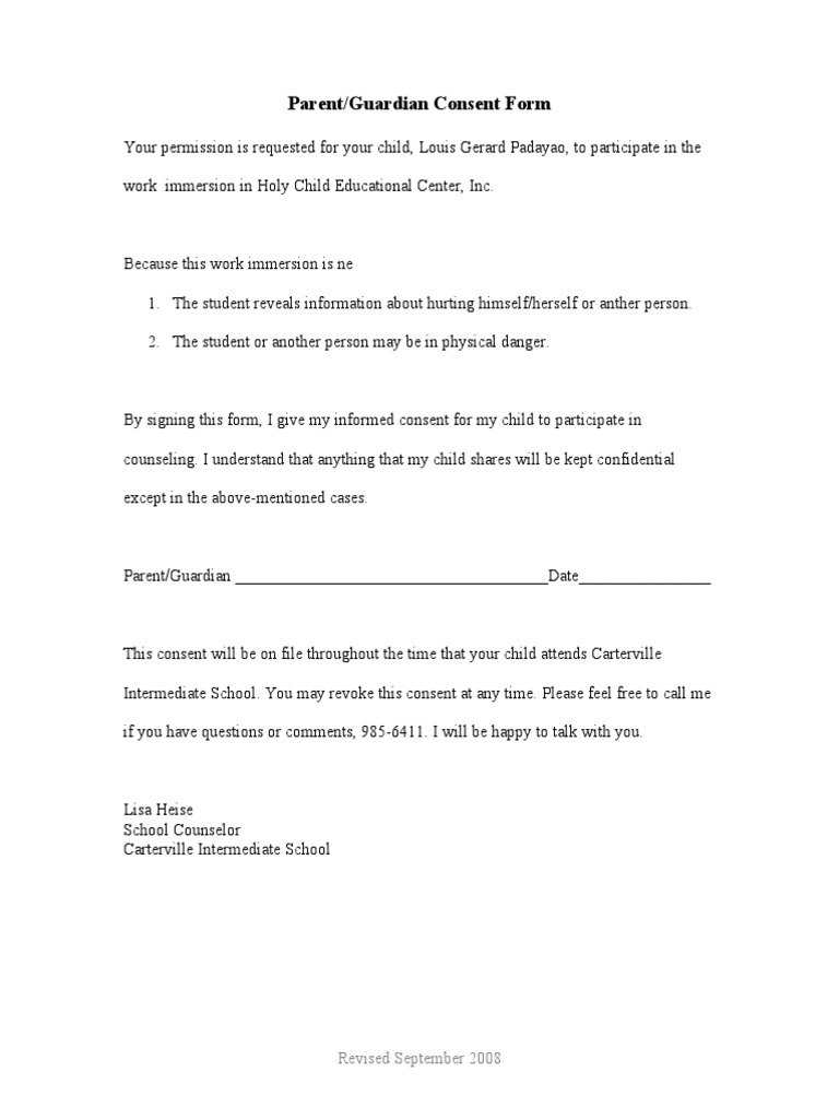 Parental Consent Form for Work Immersion Program | PDF
