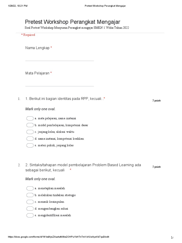 Soal Pretest Workshop | PDF