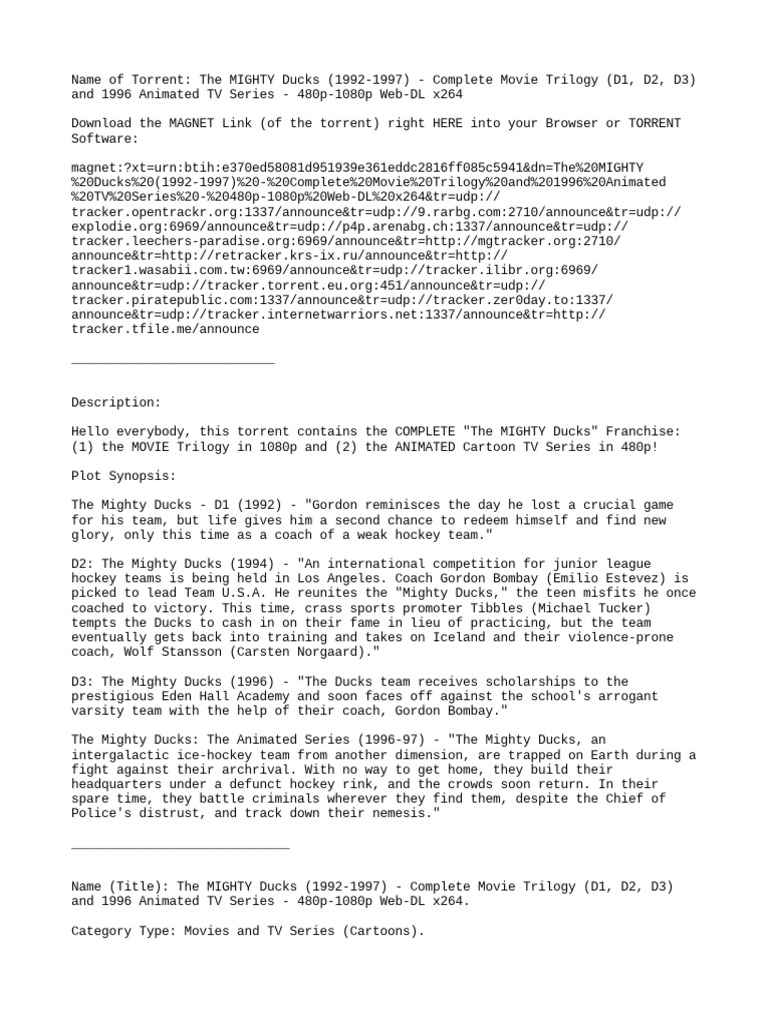 The MIGHTY Ducks (1992-1997) - Complete Movie and Cartoon Series - 480p ...