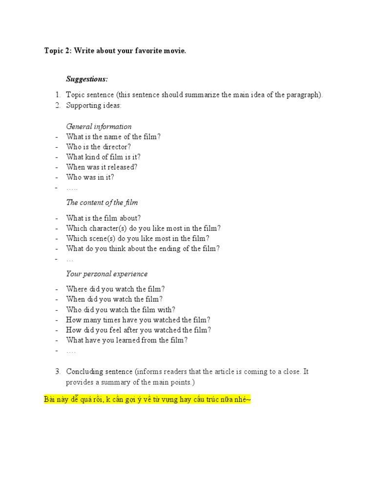 Suggestions:: Topic 2: Write About Your Favorite Movie | PDF | Language ...