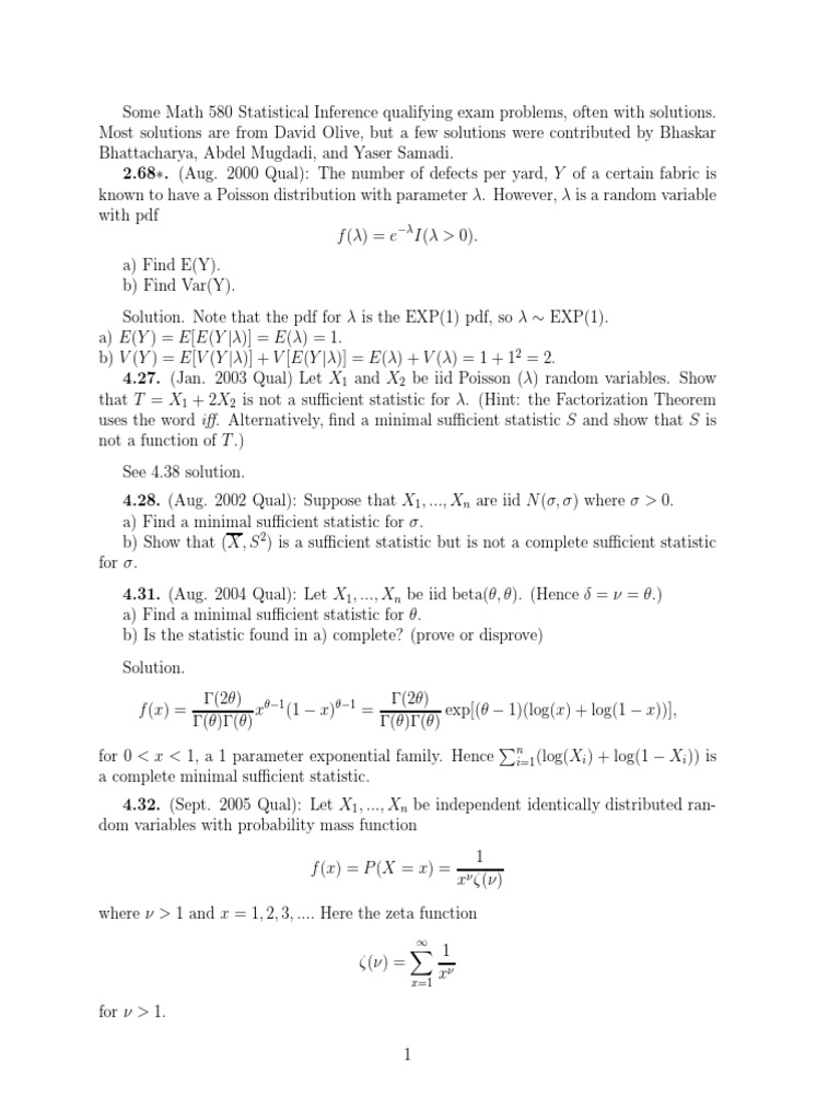 Math 580 Statistical Inference problems and solutions | PDF | Standard Deviation | Statistical ...