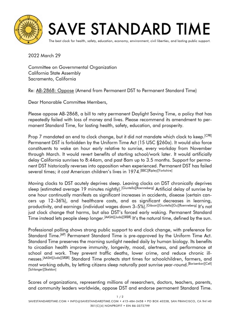 California AB-2868: Oppose (Amend From Permanent DST To Permanent ...