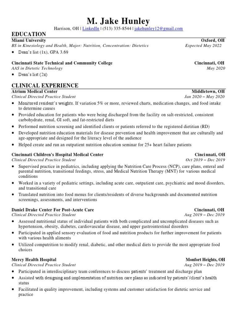 M. Jake Hunley: Education | PDF | Dietitian | Patient