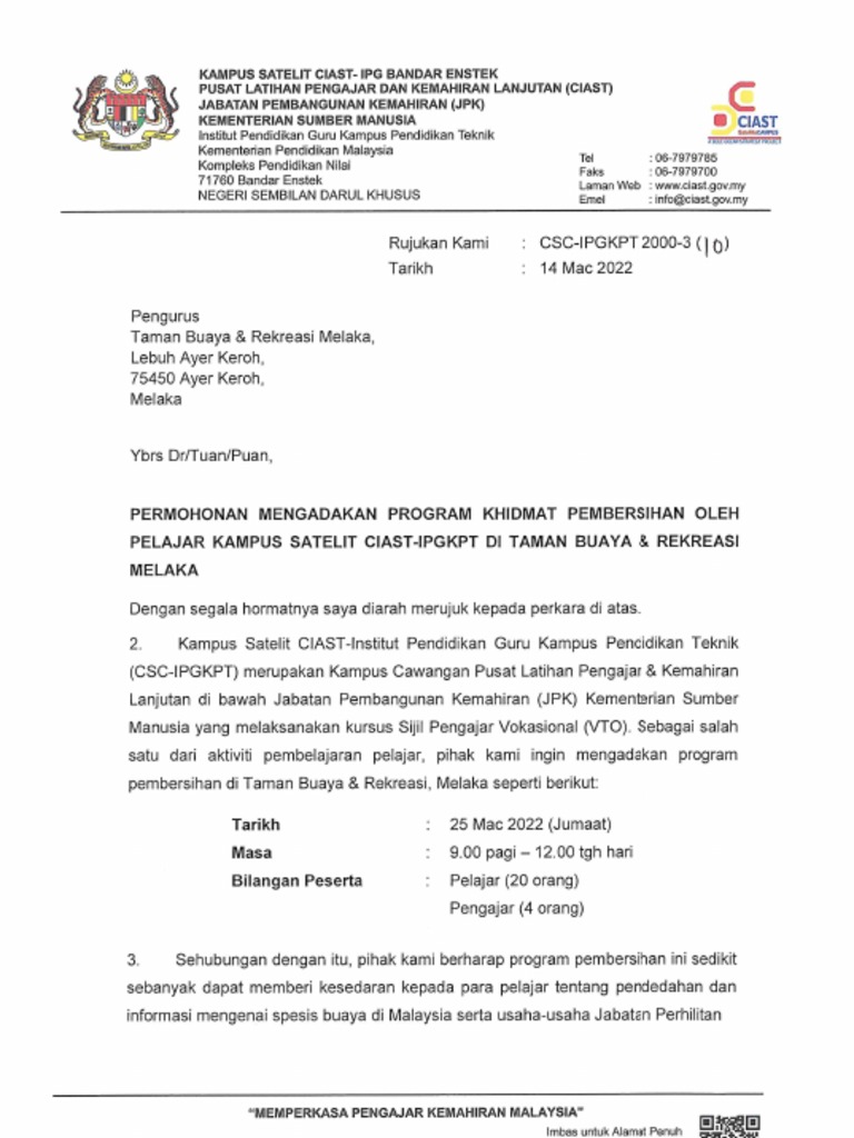 Surat Permohonan Mengadakan Program Khidmat Pembersihan Di Taman Buaya ...