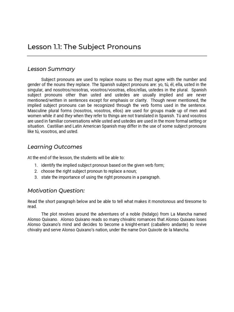 Spanish 2 - M1L1 - Subject Pronouns | PDF | Grammar | Linguistic Typology