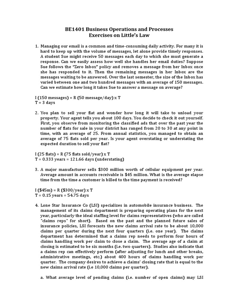 BE1401 Business Operations and Processes Exercises On Little's Law | PDF | Bus | Insurance