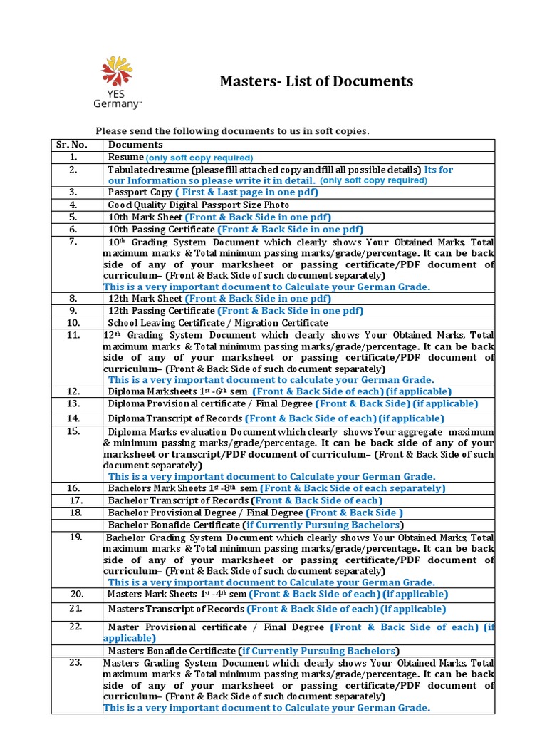 01 - Masters List of Documents | PDF | Diploma