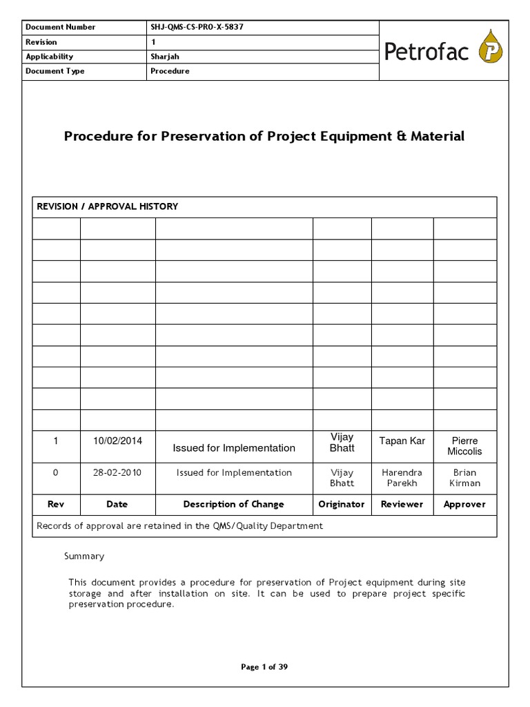 Equipment Preservation Procedure | PDF | Pump | Valve