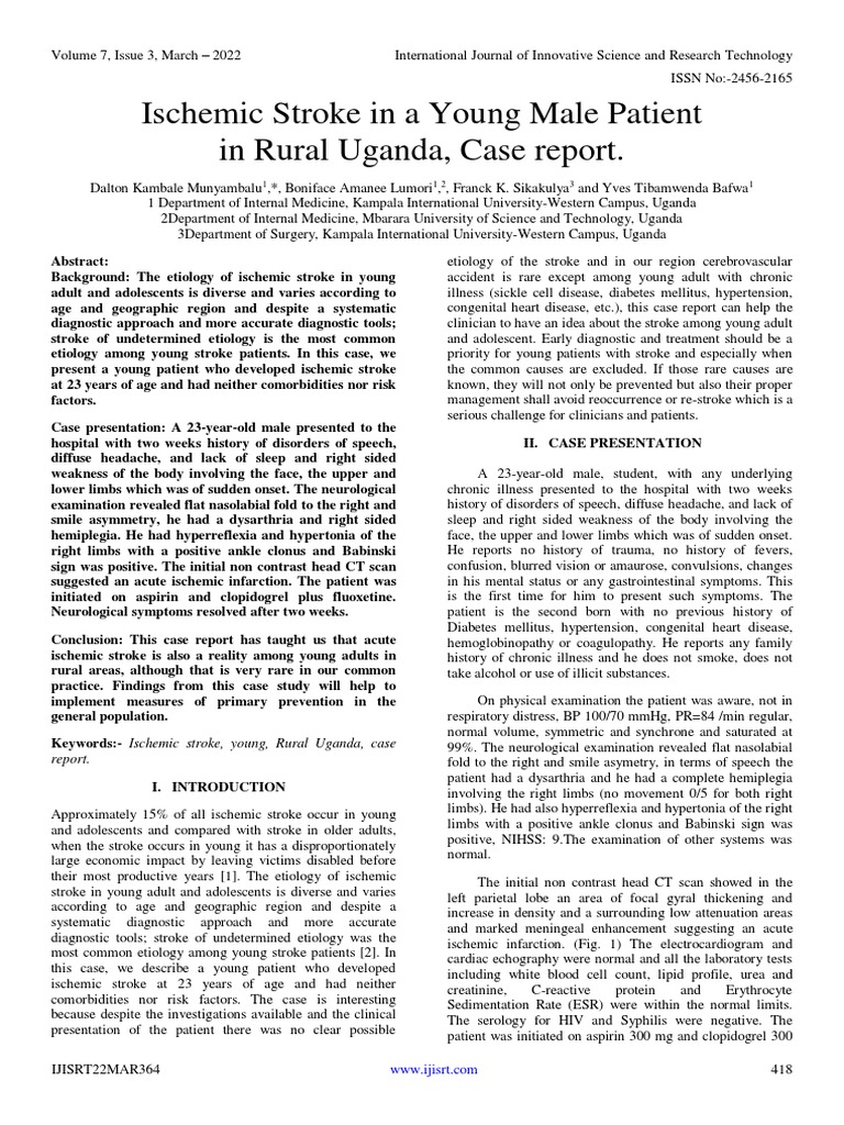 Ischemic Stroke in A Young Male Patient in Rural Uganda, Case Report ...