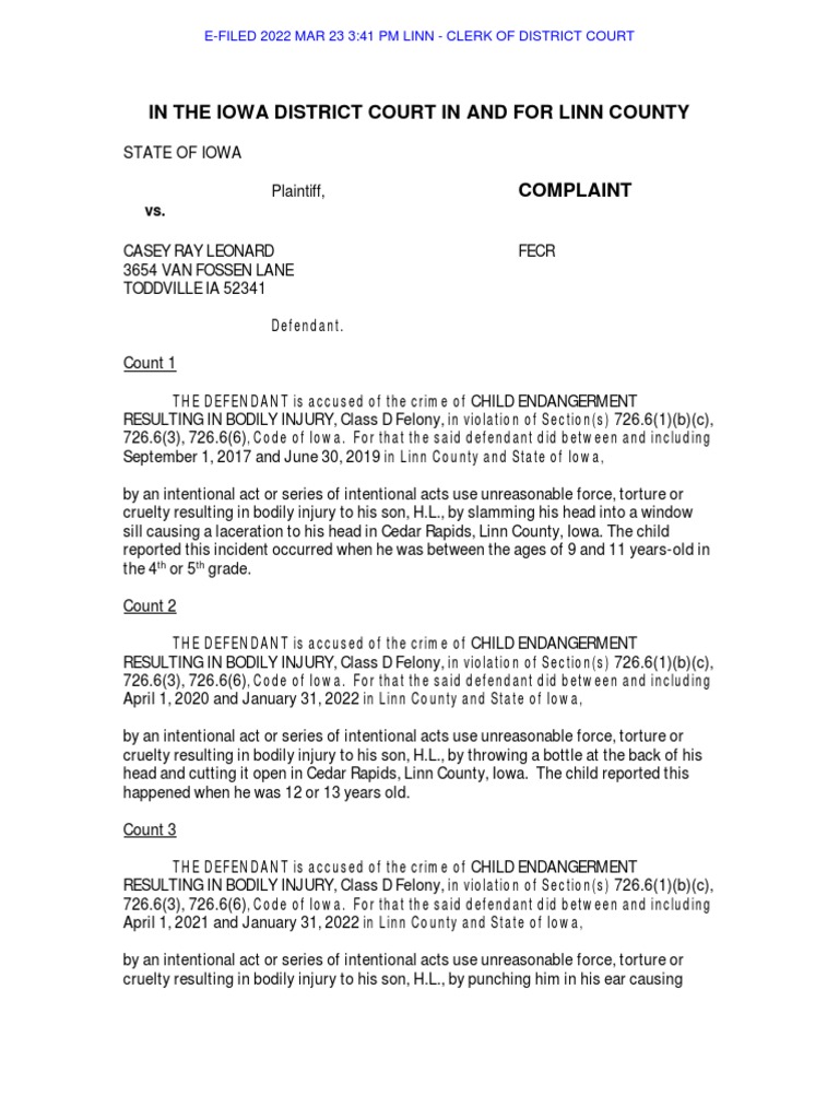 Casey Leonard Criminal Complaint | PDF | Social Institutions | Aggression