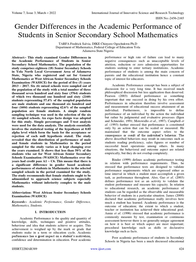 Gender Differences in The Academic Performance of Students in Senior ...