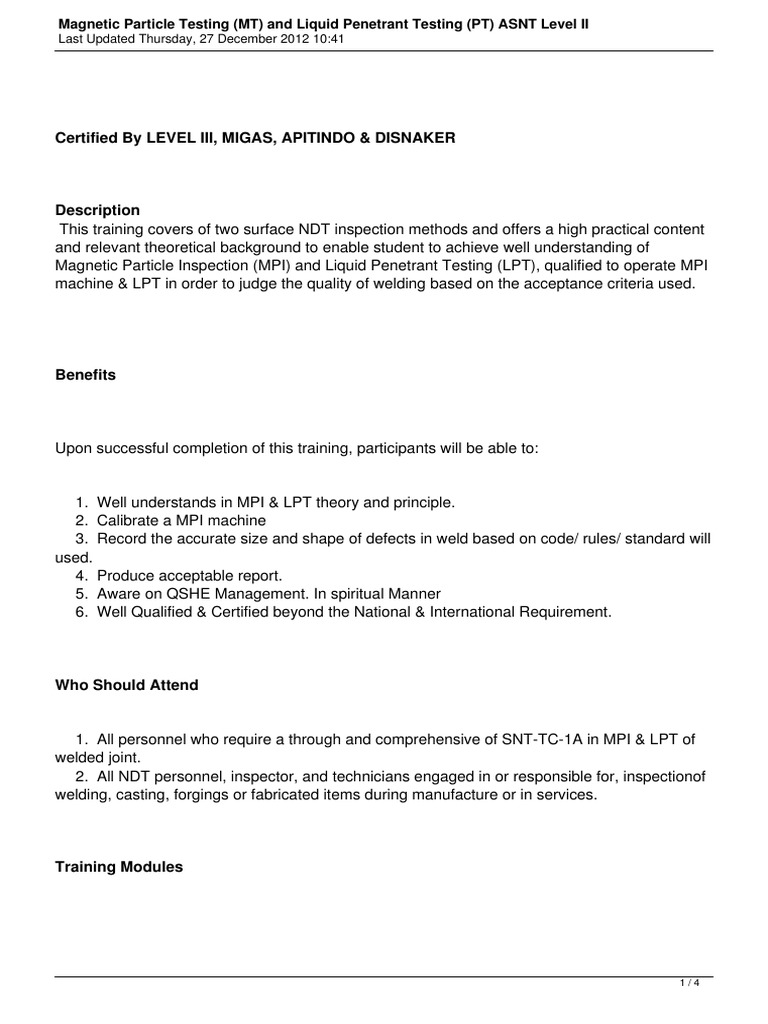 MT & PT ASNT Level II Training Overview | PDF | Nondestructive Testing ...