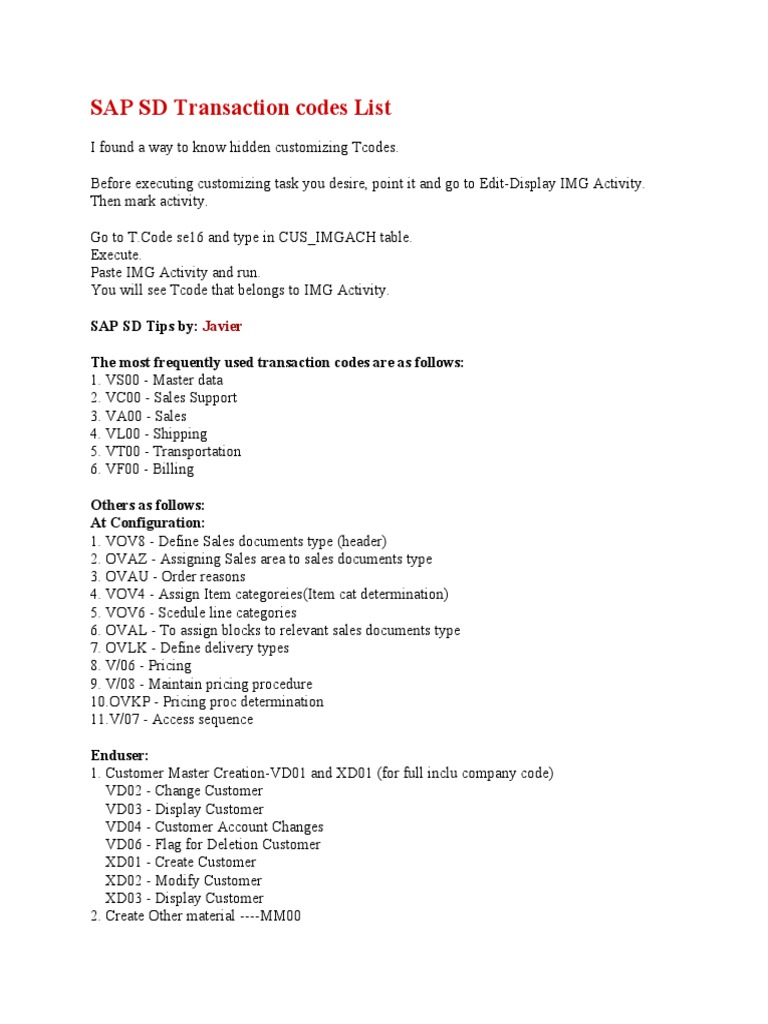 SAP SD Transaction Codes List | PDF | Payments | Sales