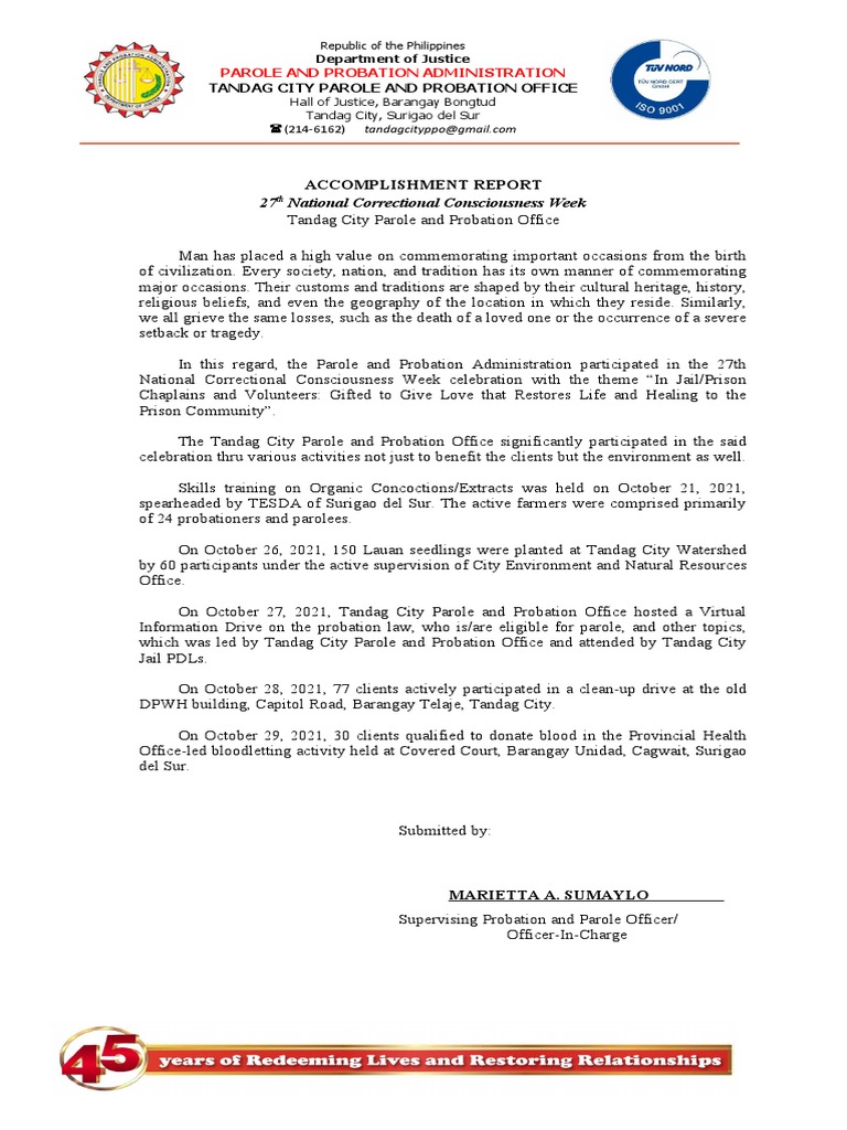 NACO-COW 2021 Accomplishment Report | PDF | Probation | Parole