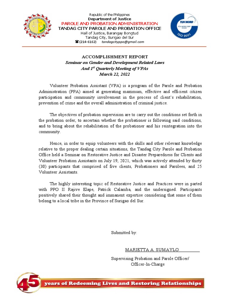 Accomplishment Report Re VPA 1st Quarterly Report | PDF | Probation ...