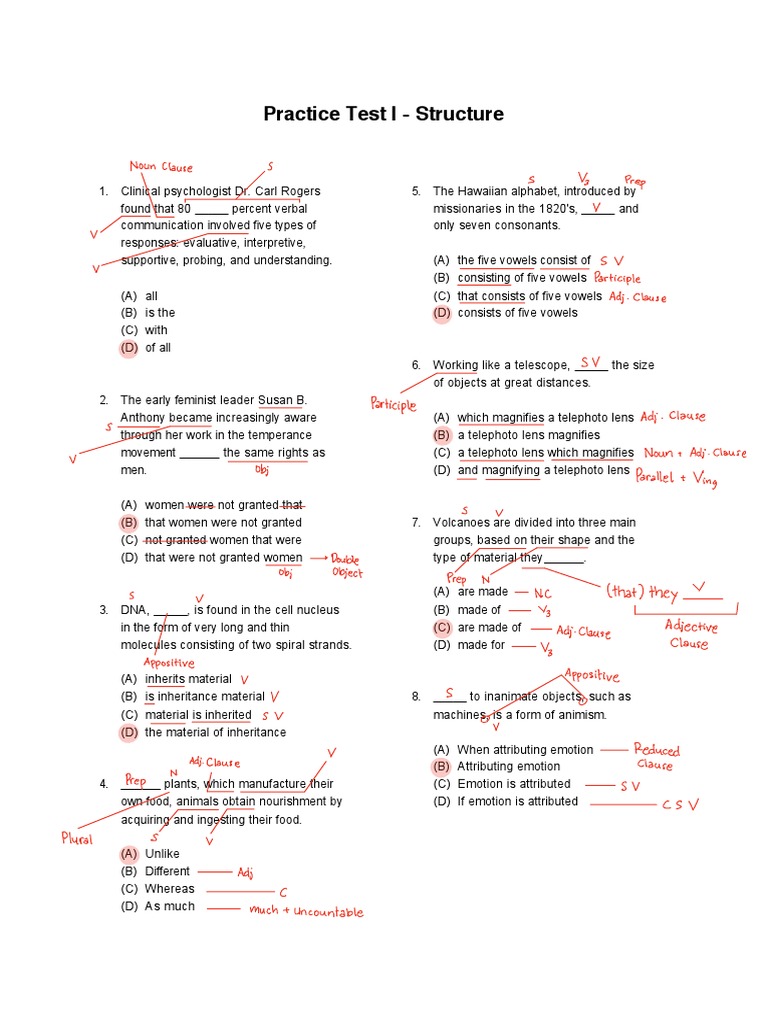 Practice Test I - Structure: An Analysis of 15 Grammar and Syntax ...