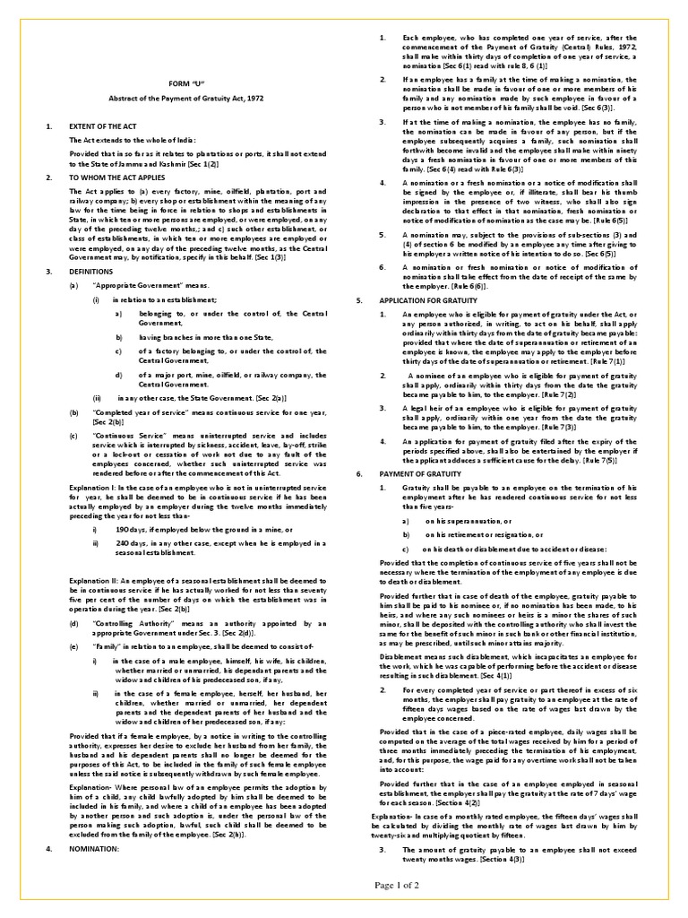 Abstract Under The Payment of Gratuity Act, 1972 | PDF | Employment ...