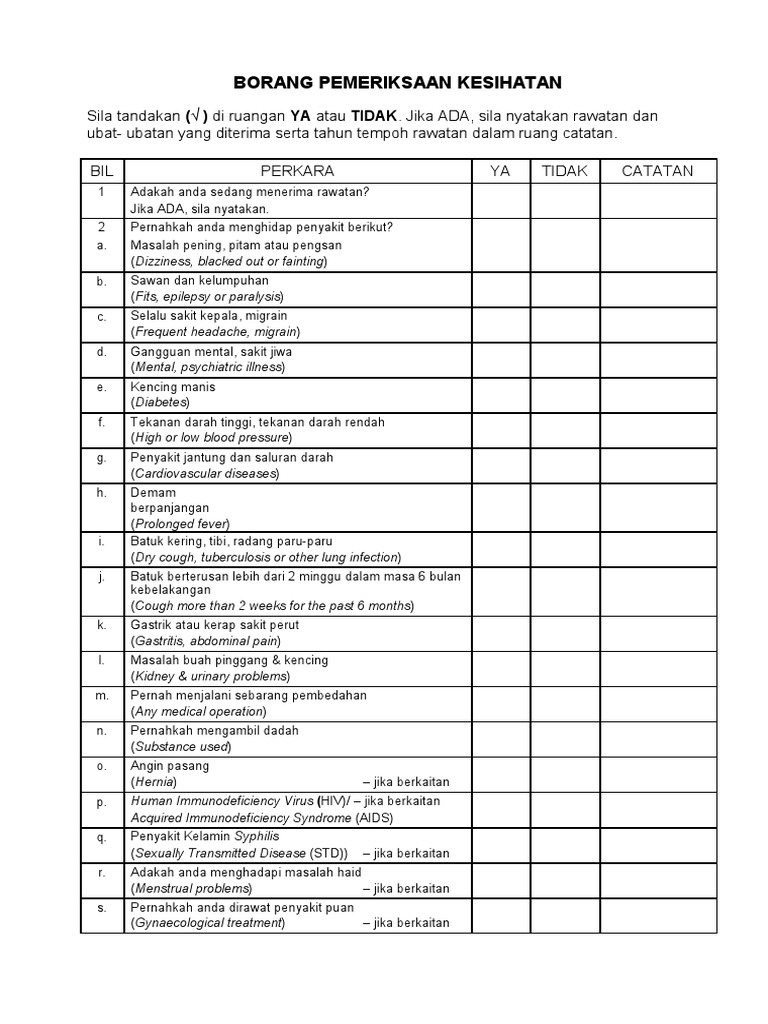 Borang Pemeriksaan Kesihatan | PDF