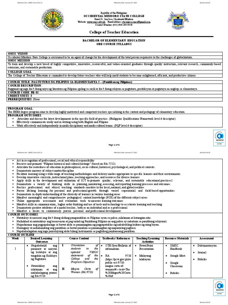 Pagtuturo NG Filipino 2 OBE BEEd 3rd Year | Download Free PDF | Learning | Educational Technology