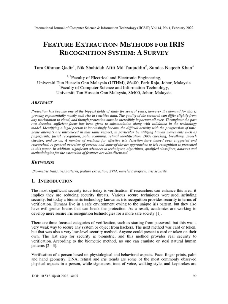Feature Extraction Methods For Iris Recognition System A Survey Pdf