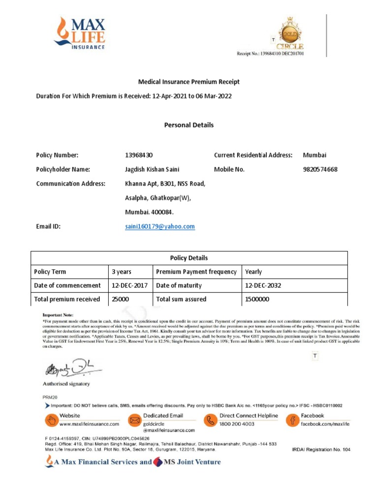 80D - Medical Premium Receipt - Self | PDF