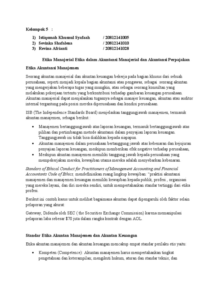 Kelompok 5 - Etika Dalam Akuntansi Manajerial Dan Akuntansi Perpajakan | PDF | Pengelolaan ...