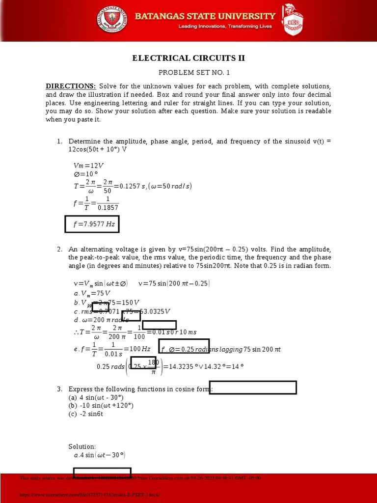 Electrical Circuits Ii: DIRECTIONS: Solve For The Unknown Values For ... Electrical Circuits Ii: DIRECTIONS: Solve For The Unknown Values For ...