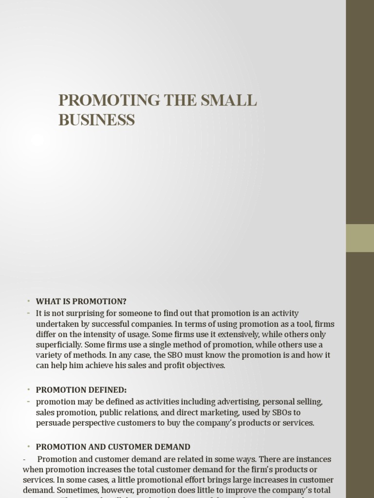 PROMOTING THE SMALL BUSINESS Presentation | PDF | Sales | Demand