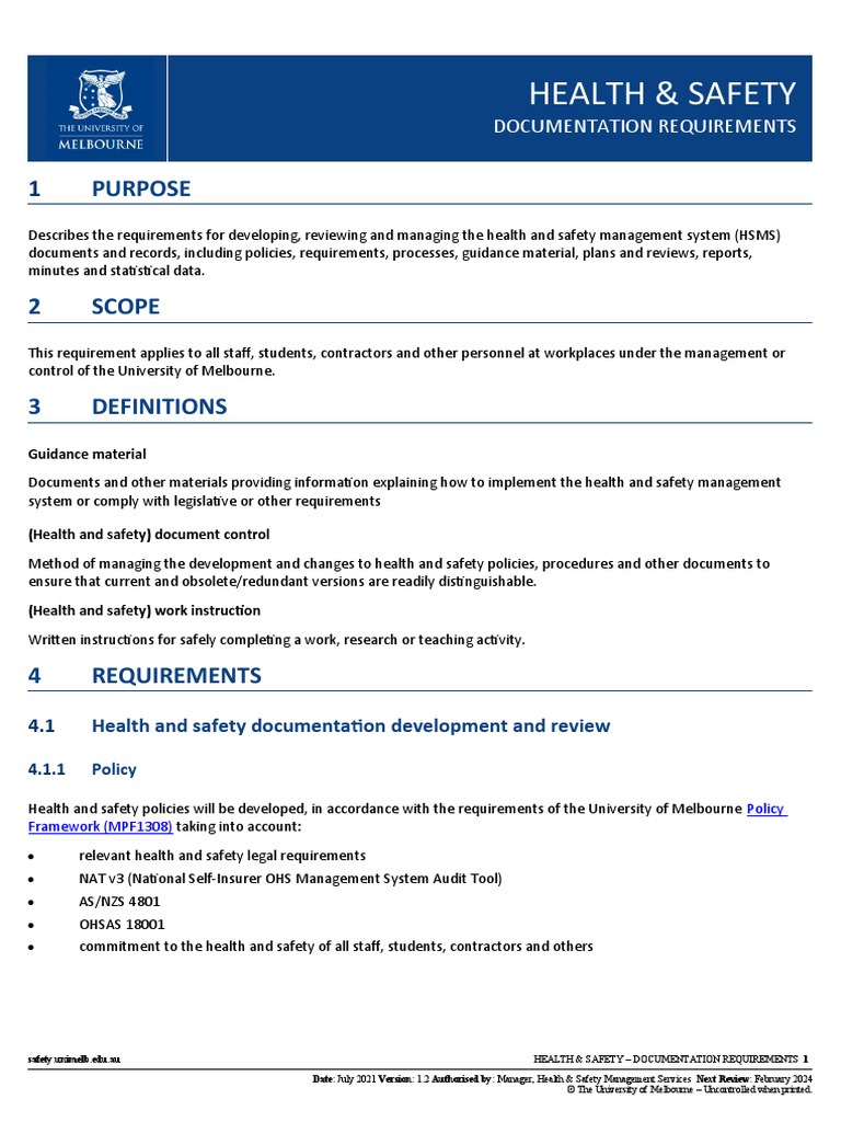 Health and Safety Management System Documentation Requirements | PDF ...