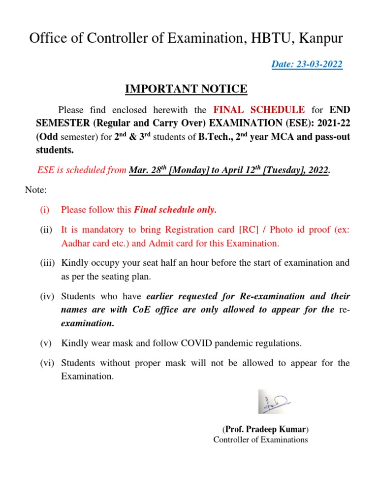 Office of Controller of Examination, HBTU, Kanpur: Important Notice ...