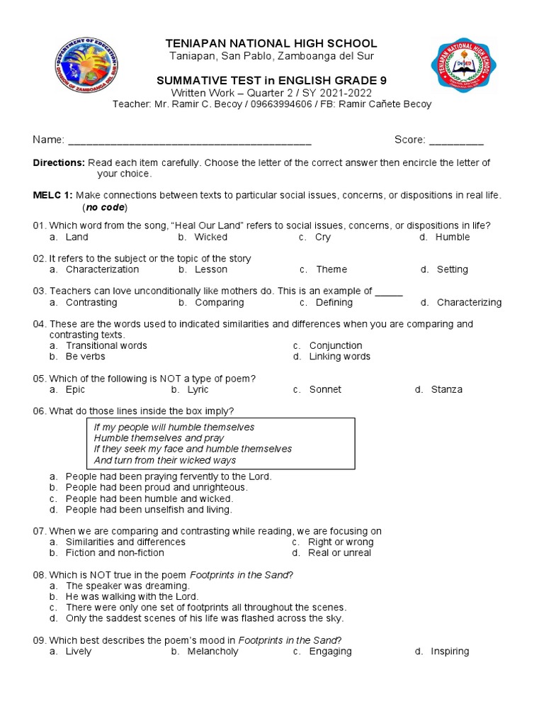 Teniapan National High School Summative Test in English Grade 9 | PDF ...