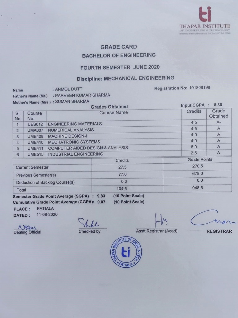 Grade Card: Fourth Semester June 2020 | Download Free PDF | Educational ...