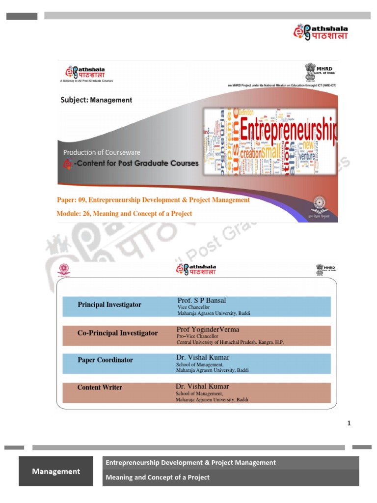 Management: Paper: 09, Entrepreneurship Development & Project ...