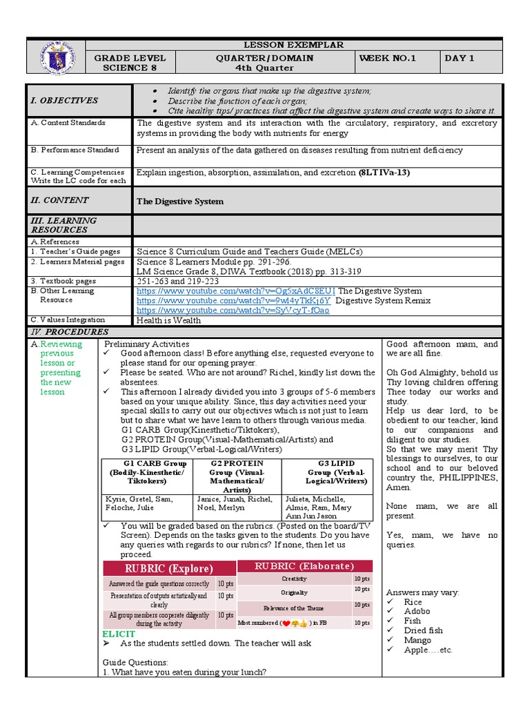 Digestive System Detailed Lesson Plan | PDF | Human Digestive System ...