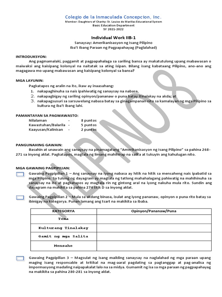 Filipino 8 - IW and Activity Sheet IIB-1 | PDF